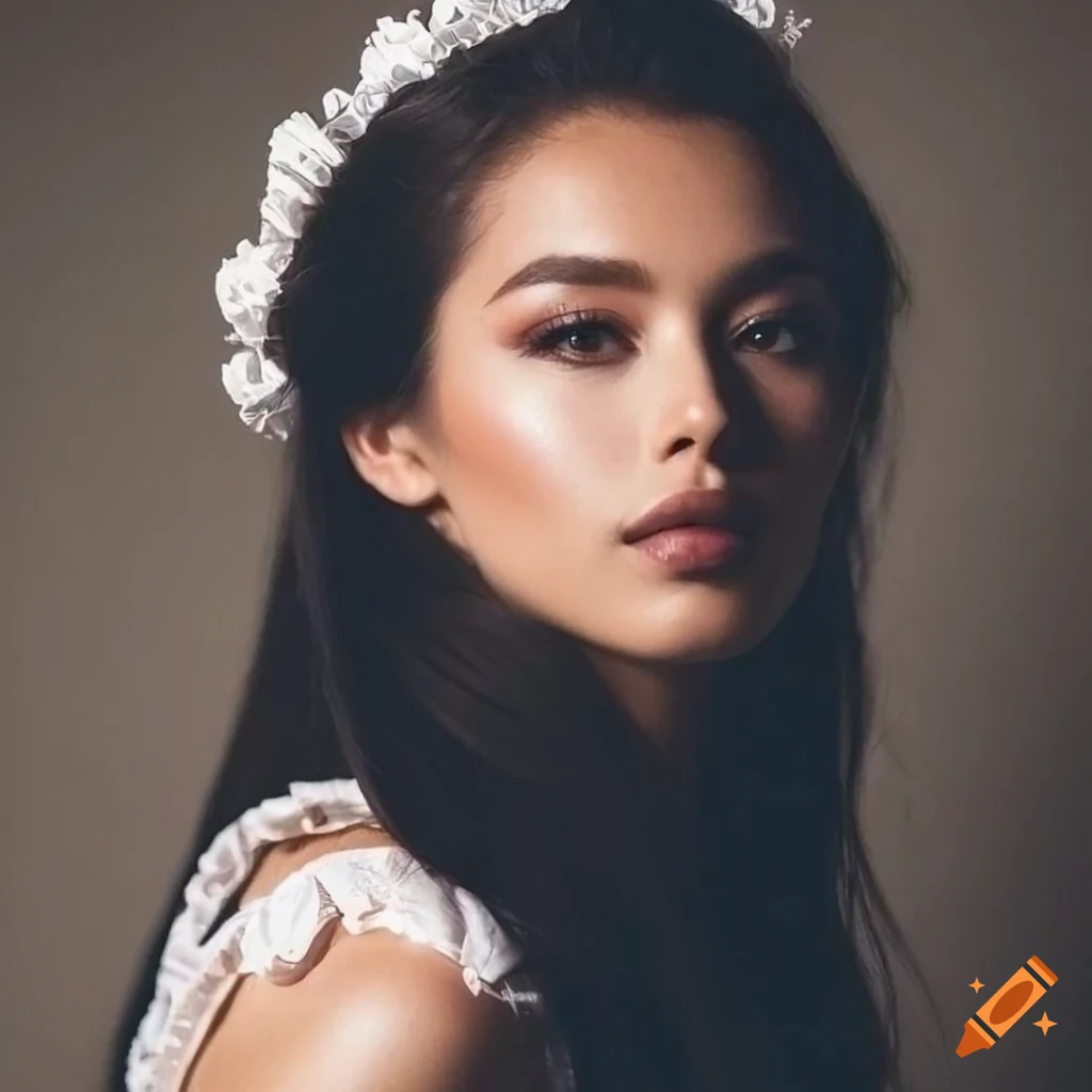 Selfie, no makeup, bare face, natural skin, slim fit female body, maid ...