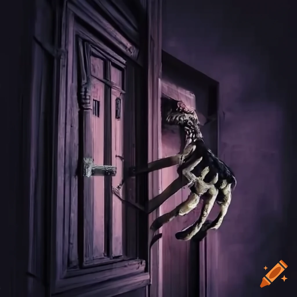 Skeleton hand peeking out the door of a haunted house on Craiyon
