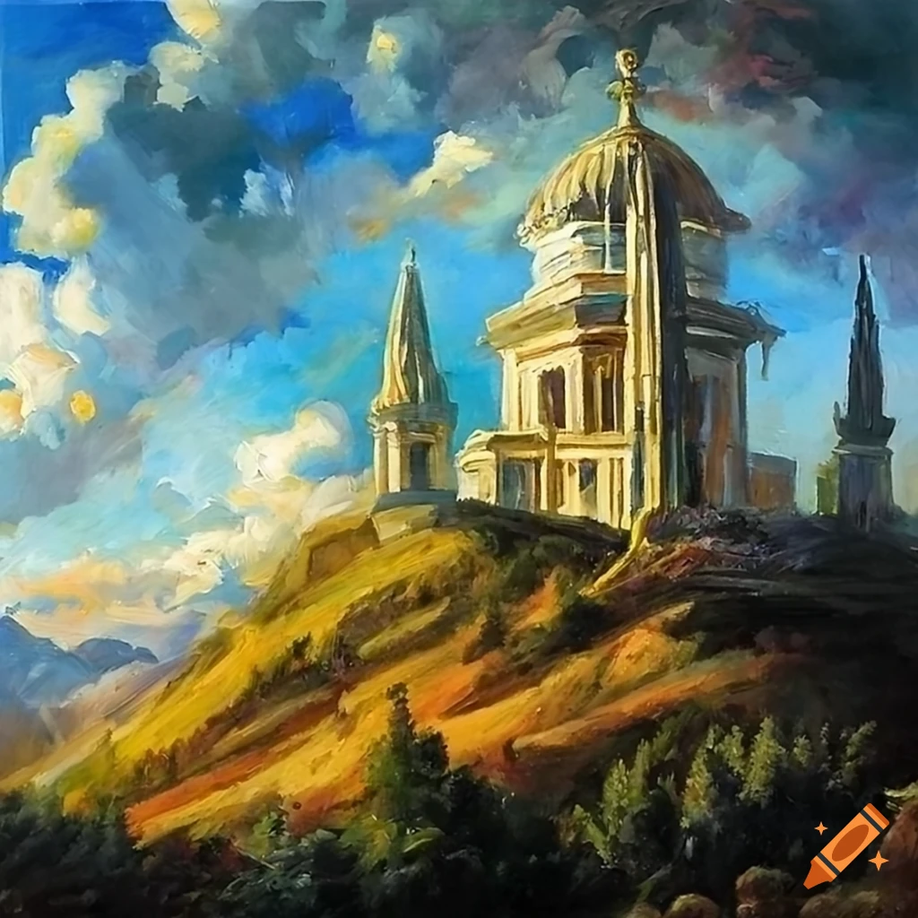 A temple on top of a mountain, epic fantasy art, baroque art, oil ...