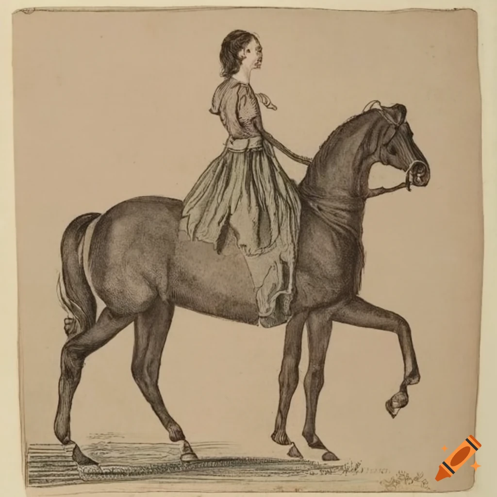 1800s drawing of an androgynous young woman on a horse in a forest on ...