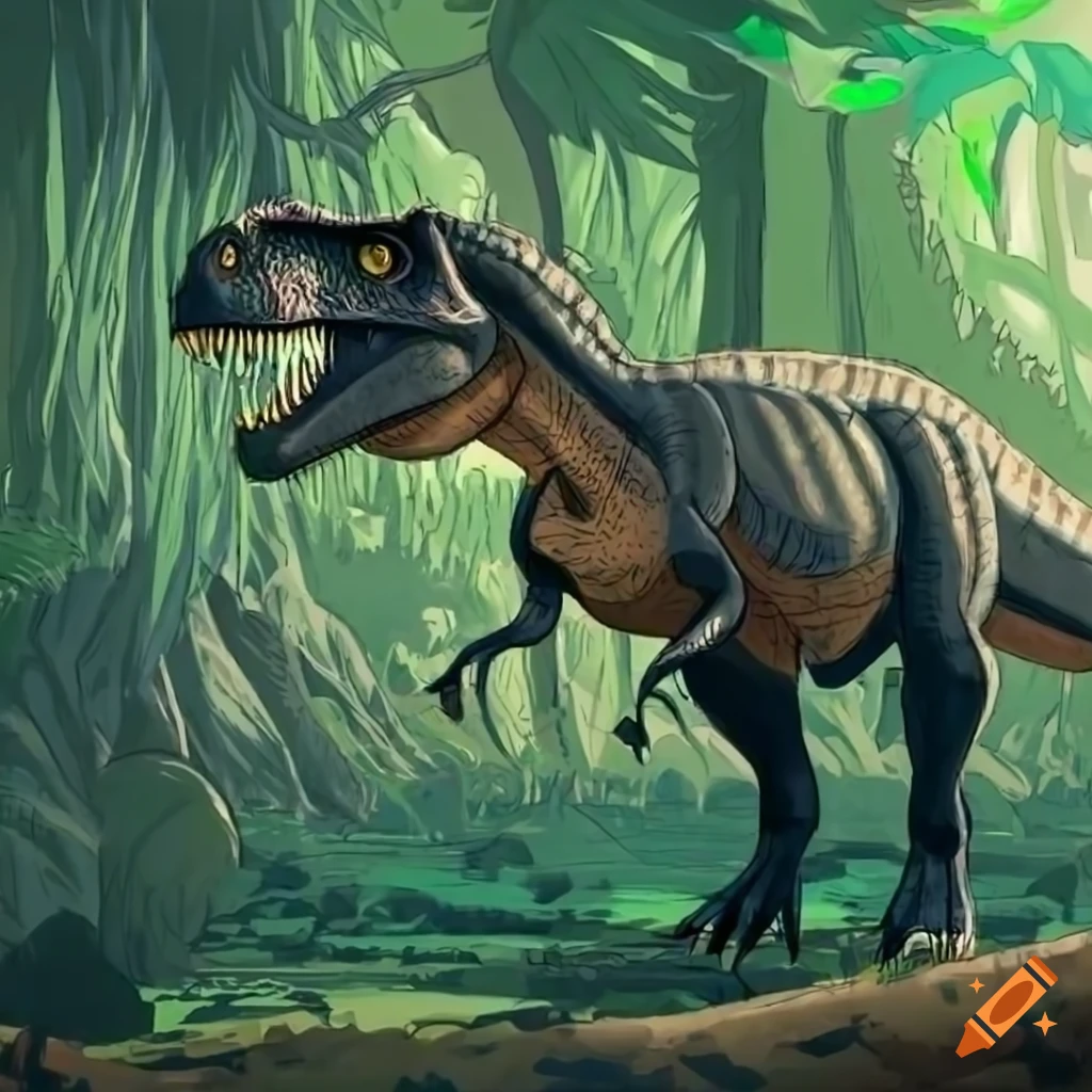 A tyrannosaur in the middle of a tropical forest with manga style