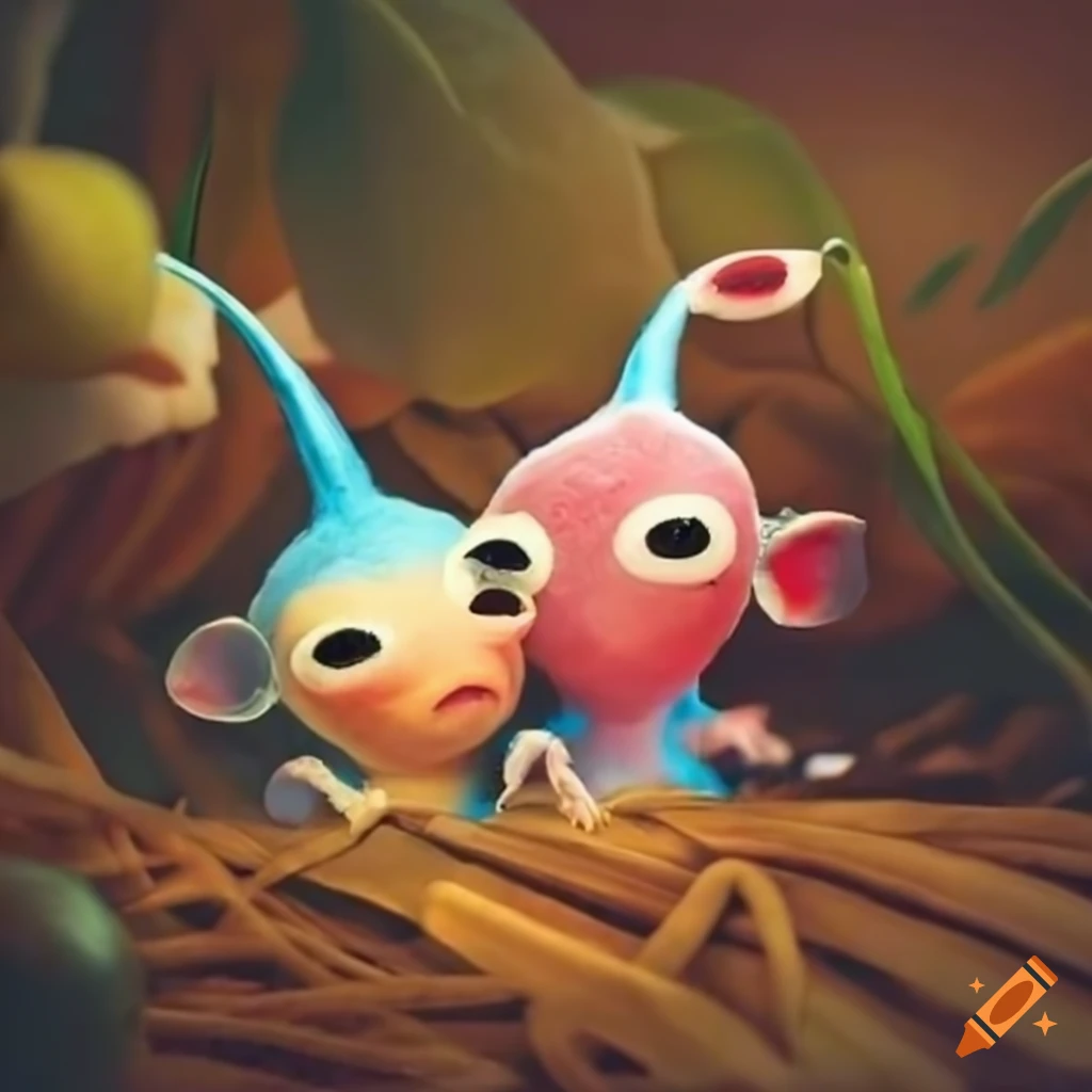 Adorable Pikmin babies snuggled in a cozy nest on Craiyon