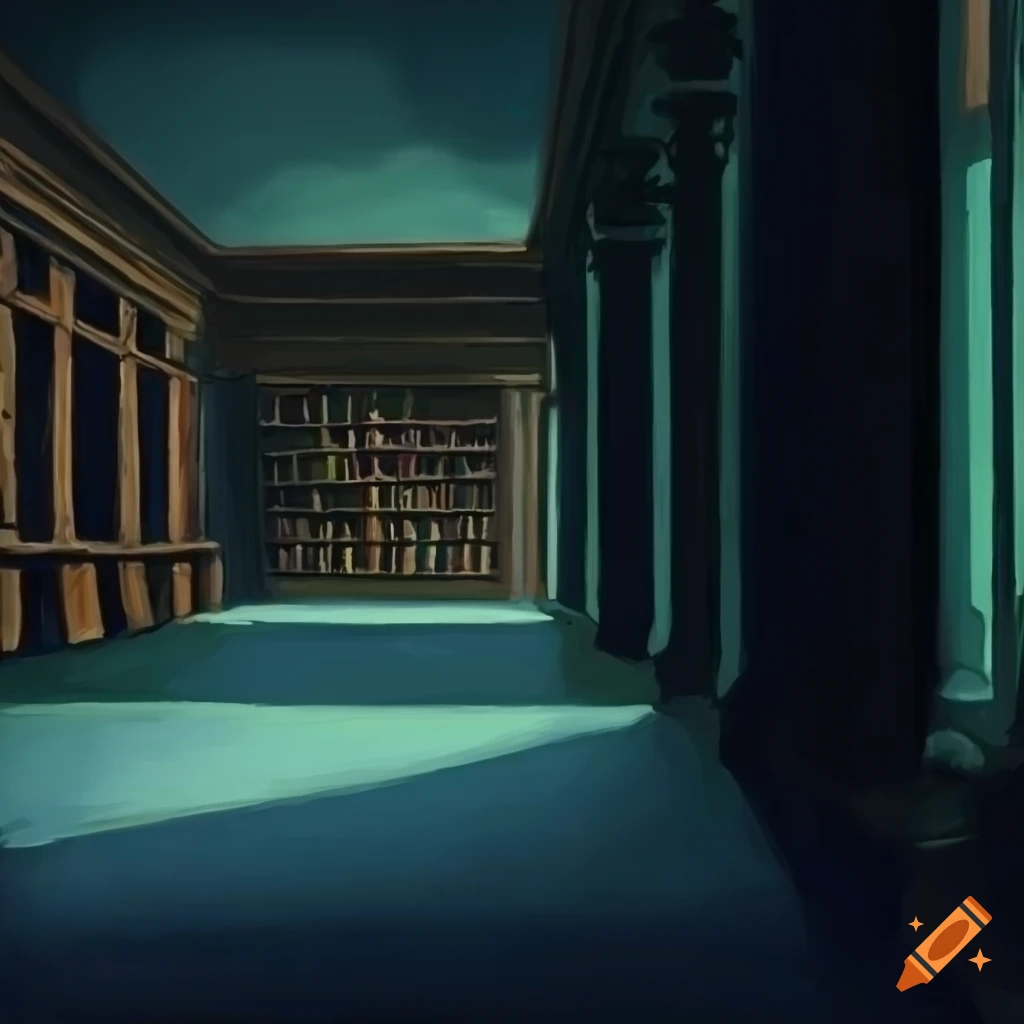 Liminal library setting, painting, low lighting, night, empty on Craiyon