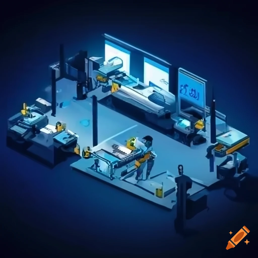 Create an image that shows a group of workers in a modern factory ...