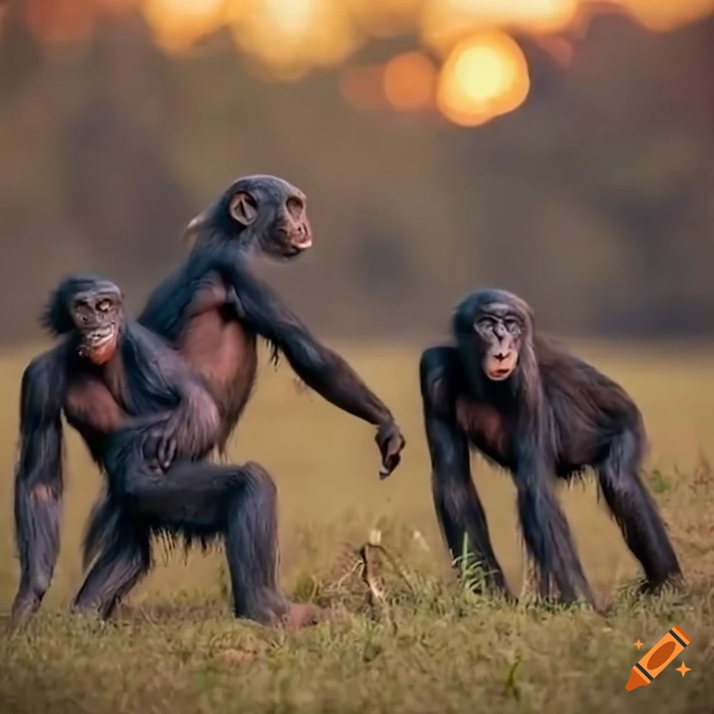 Multiple bonobo apes bonding during sunset in their natural habitat on Craiyon