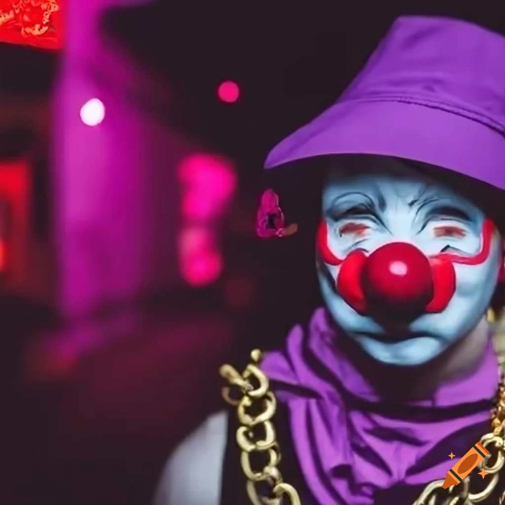 Clown wojak with purple bucket hat and a gold chain around his neck ...