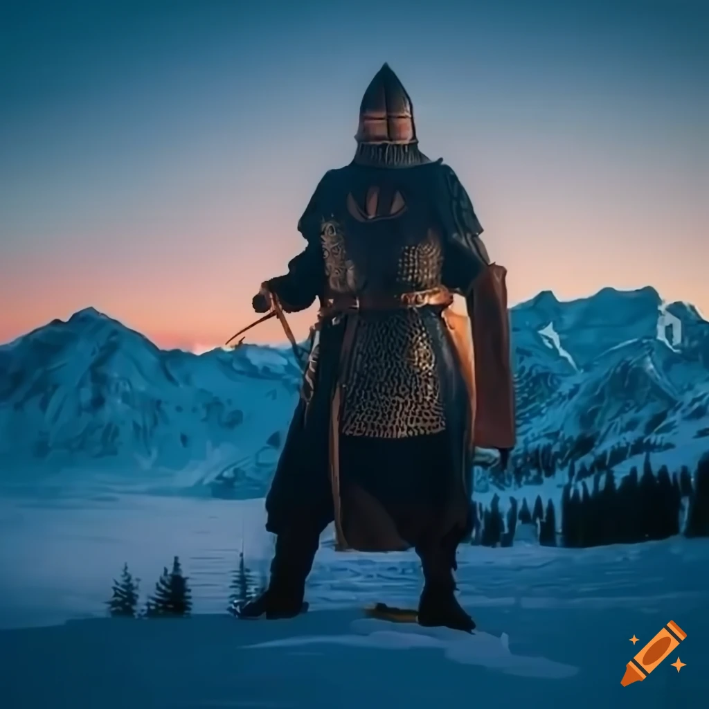 Medieval knight naval captain on ski slopes with skies in mountains. he ...