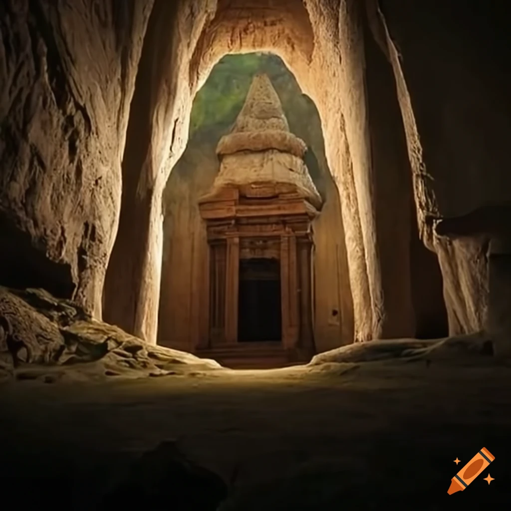 Mysterious cave with a christian temple carved into the rock on Craiyon