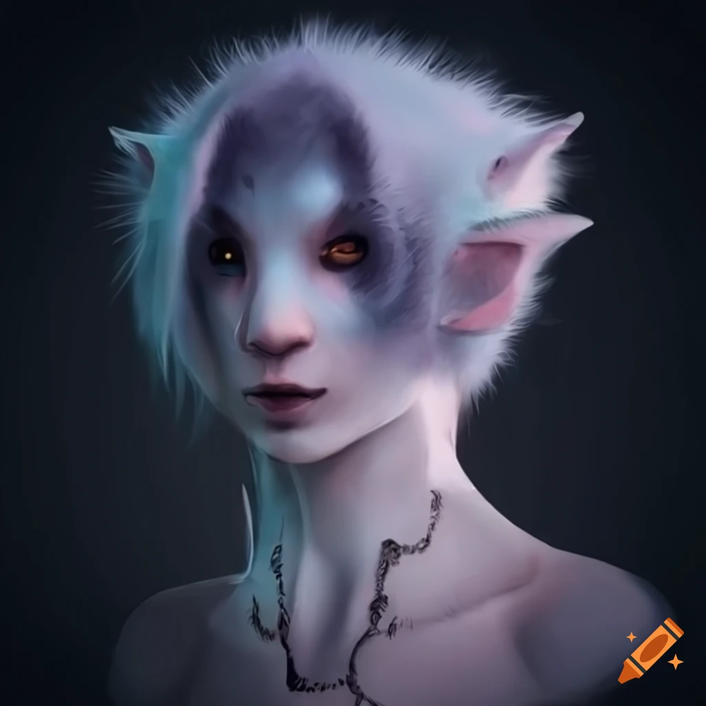 Elve like creature with pale skin, fur on the head and a tail on Craiyon