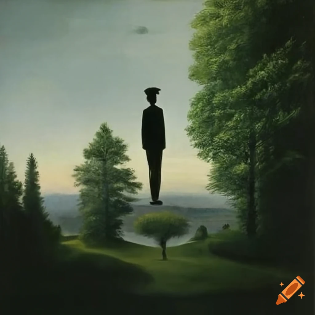 A person levitating over a garden painted by magritte on Craiyon