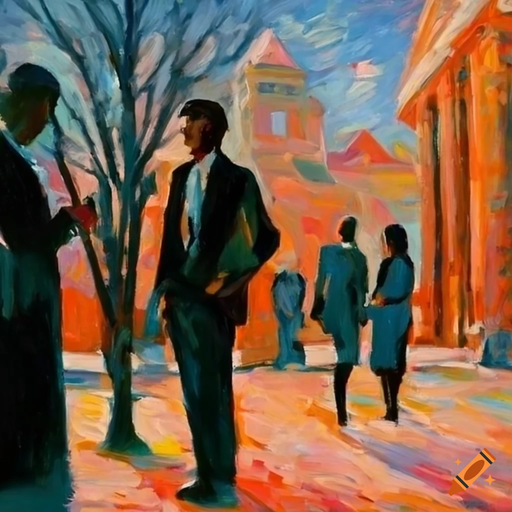 Impressionist painting of modern businessmen and businesswomen standing ...