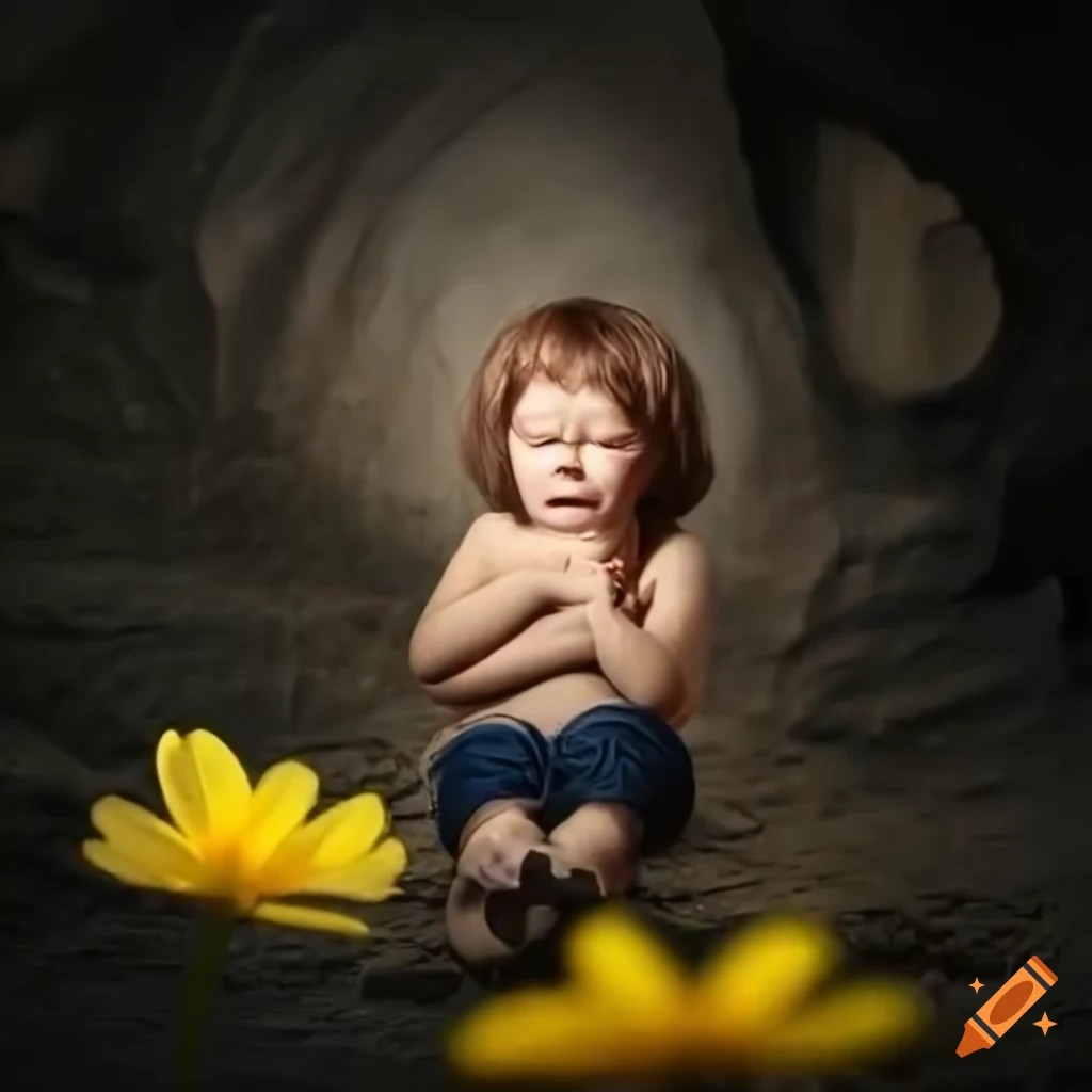 Crying child sitting in a dark cave and a very tiny yellow flower on ...