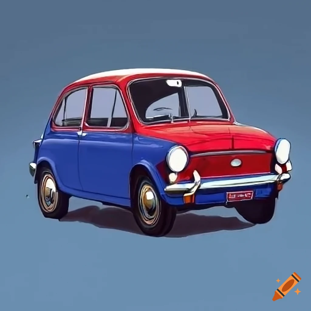 An isometric view of a red, white and blue yugoslav "Zastava 750" car ...