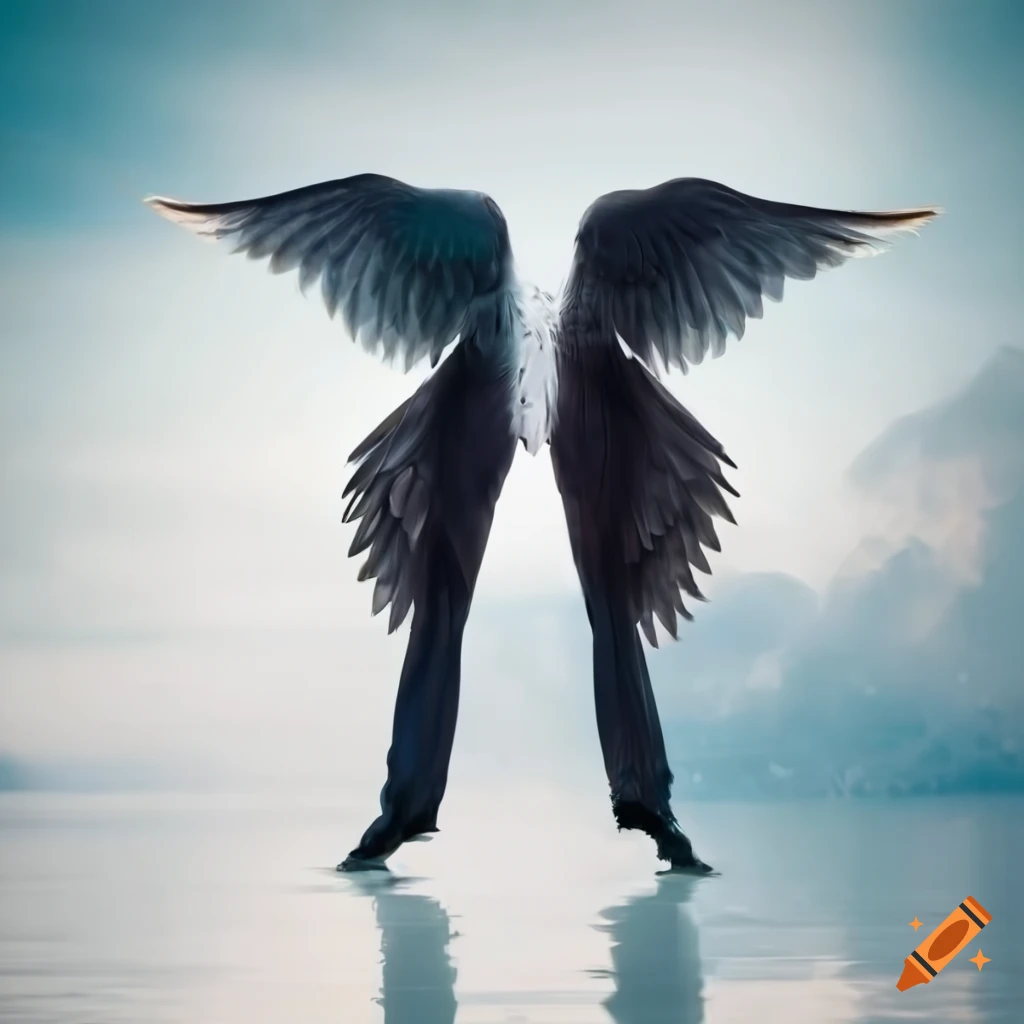 Man with wings looking down with less detail and full scale body on Craiyon