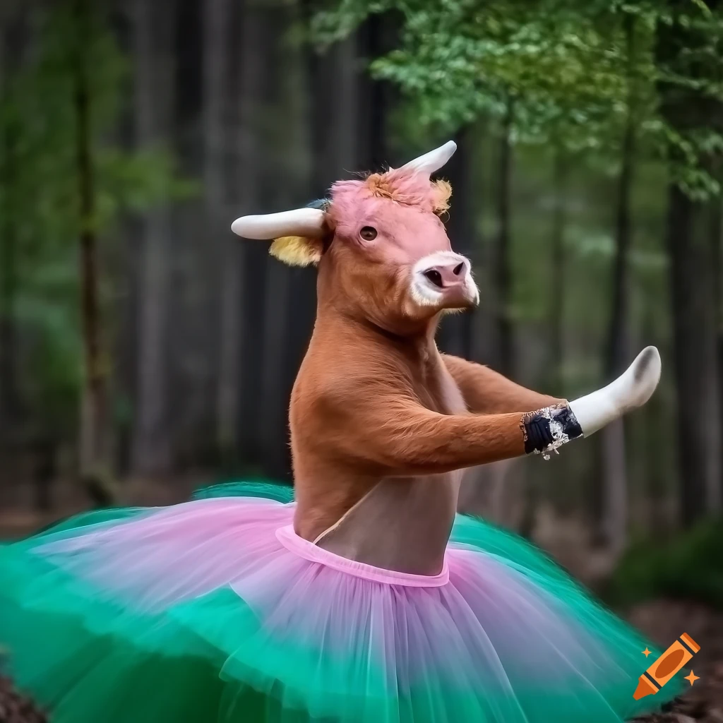 A brown bull with a green scarf ballet dancing in a pink tutu in a ...