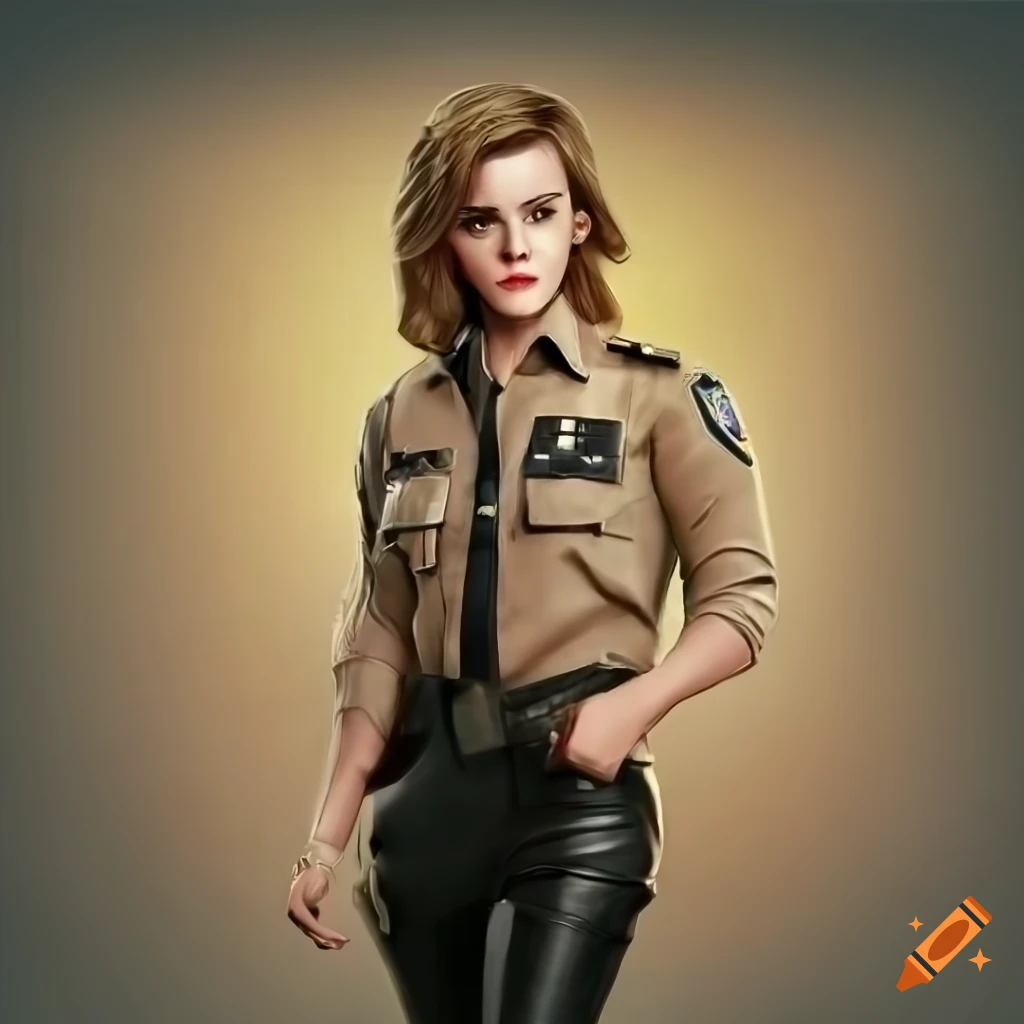 Photorealistic, emma watson as policeofficer, blonde hair, slim, beige ...