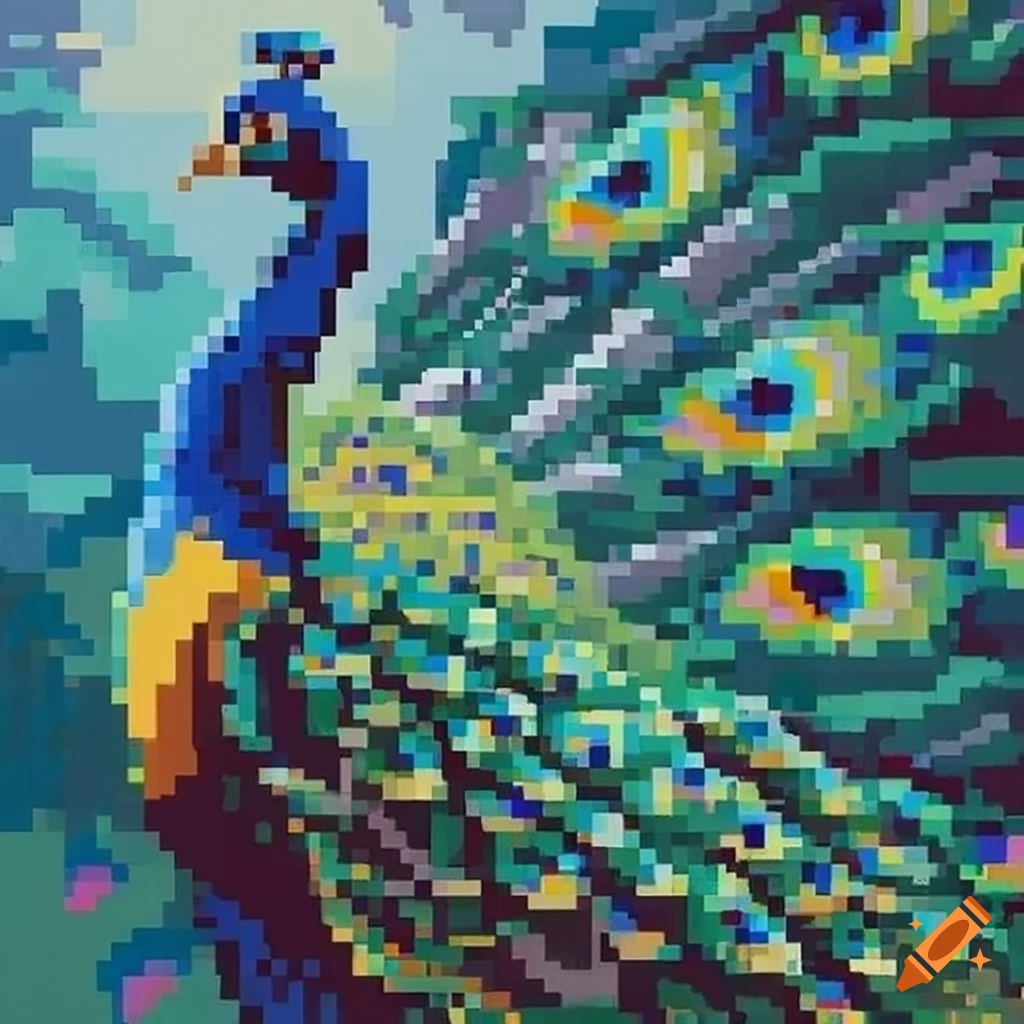 A peacock, pixel art, by greg rutkowski