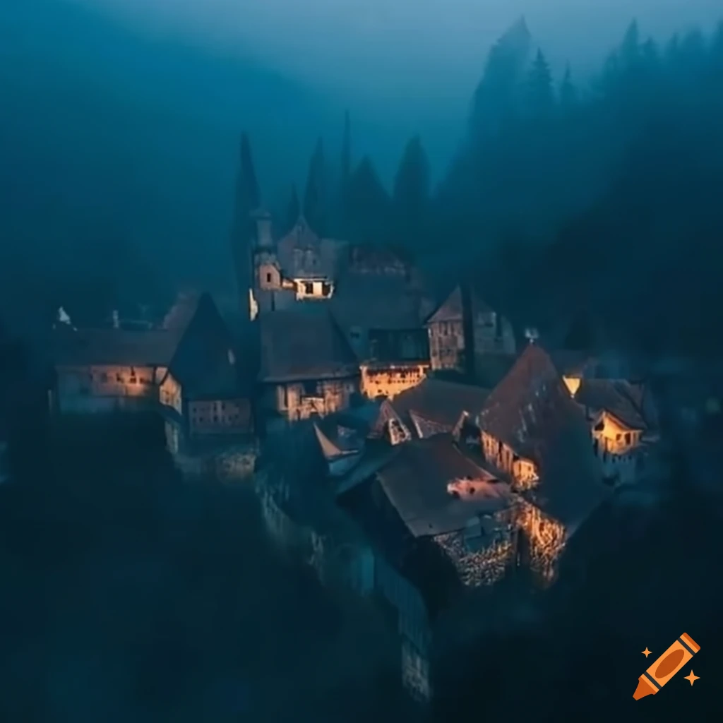 Top-view of a mysterious medieval town enveloped in eerie mist