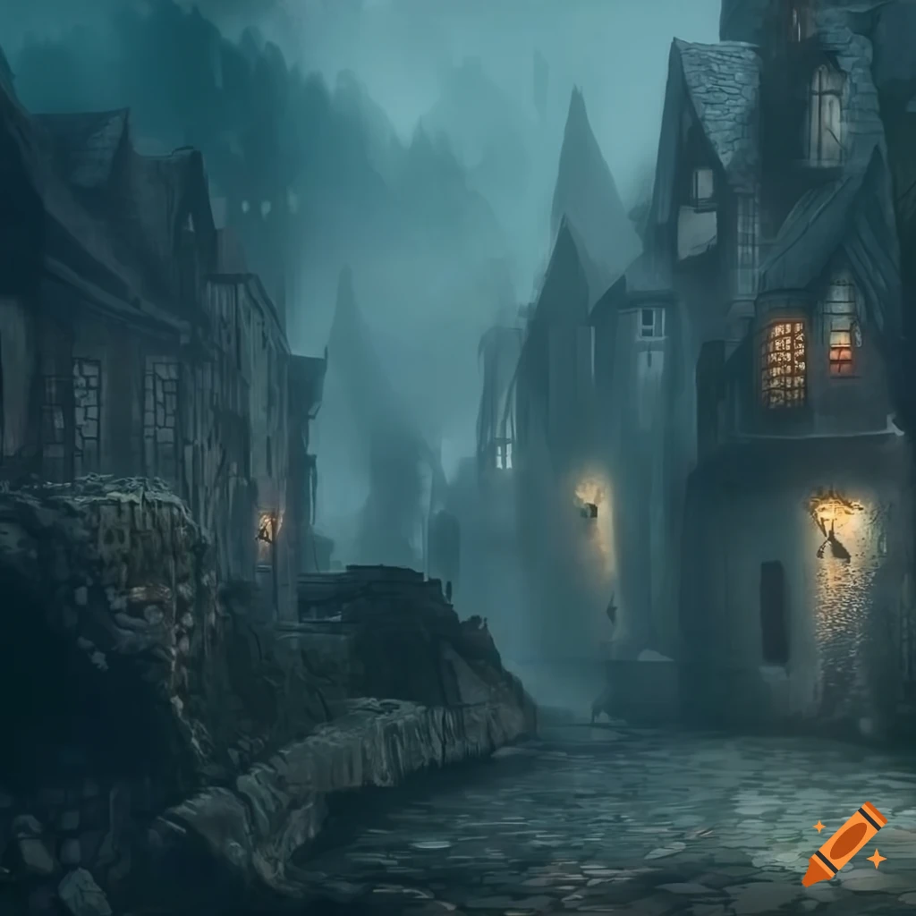 Fairy-tale medieval town surrounded by rocks, lively streets, misty ...