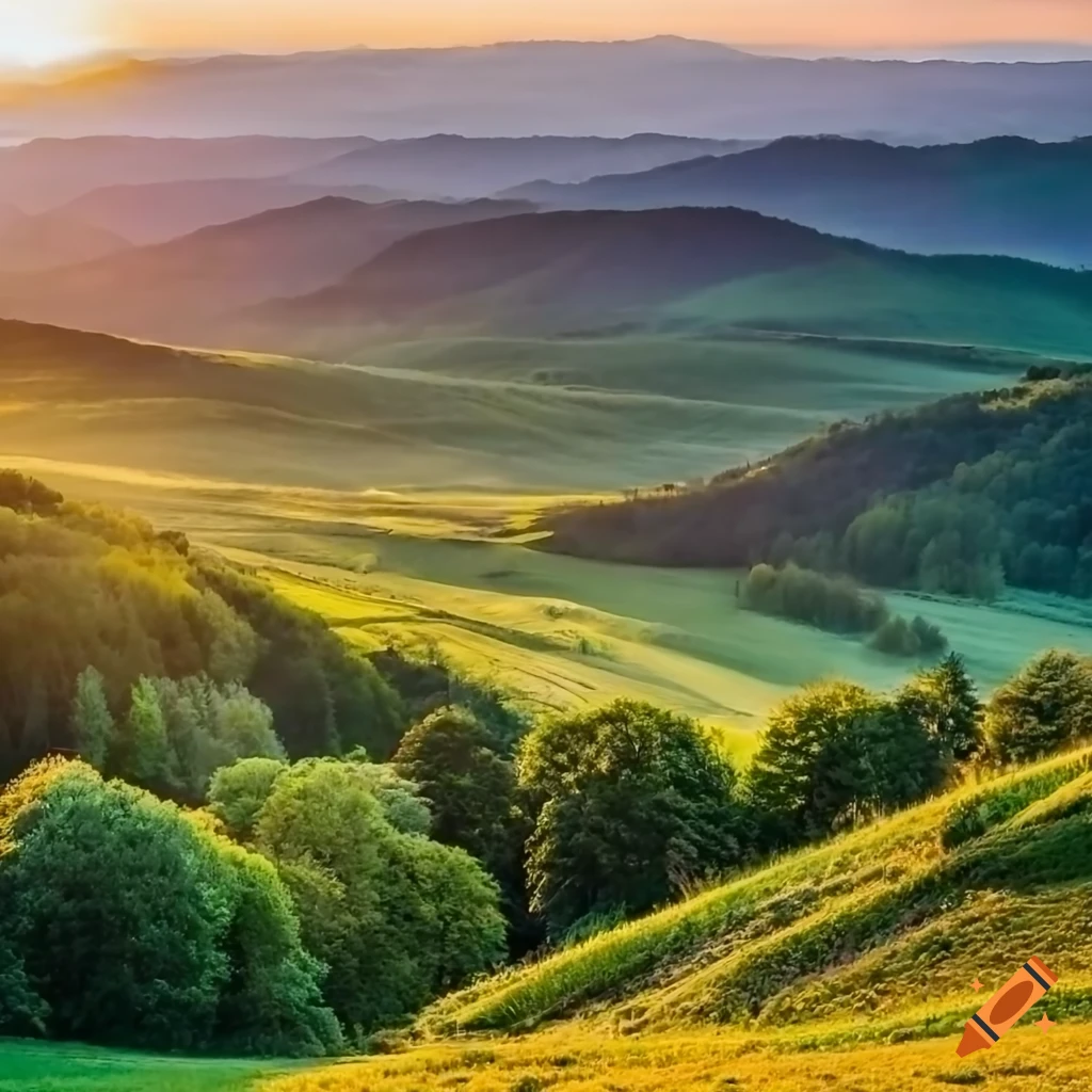 A beautiful hill, trees, greenery, golden hour, warm lighting ...