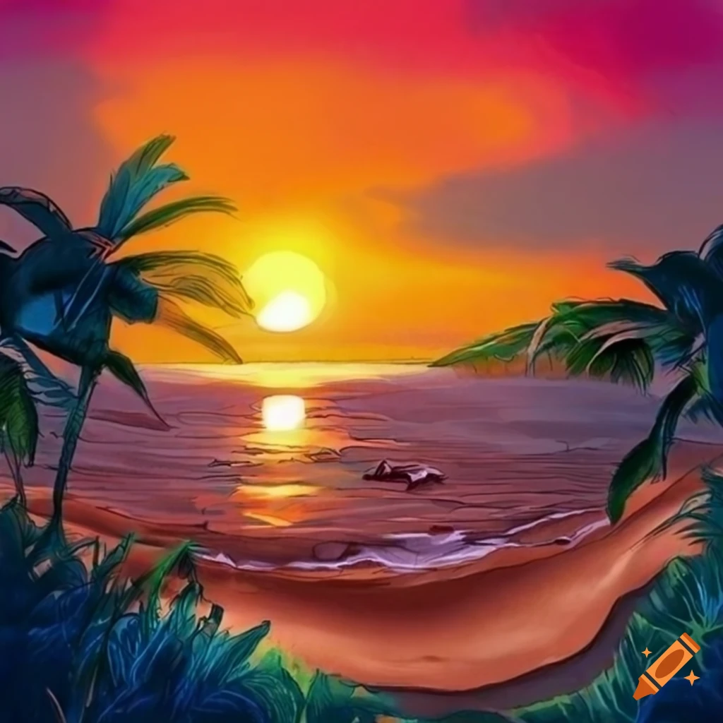 Give me a detailed Drawing of a sandy beach at the edge of a jungle ...