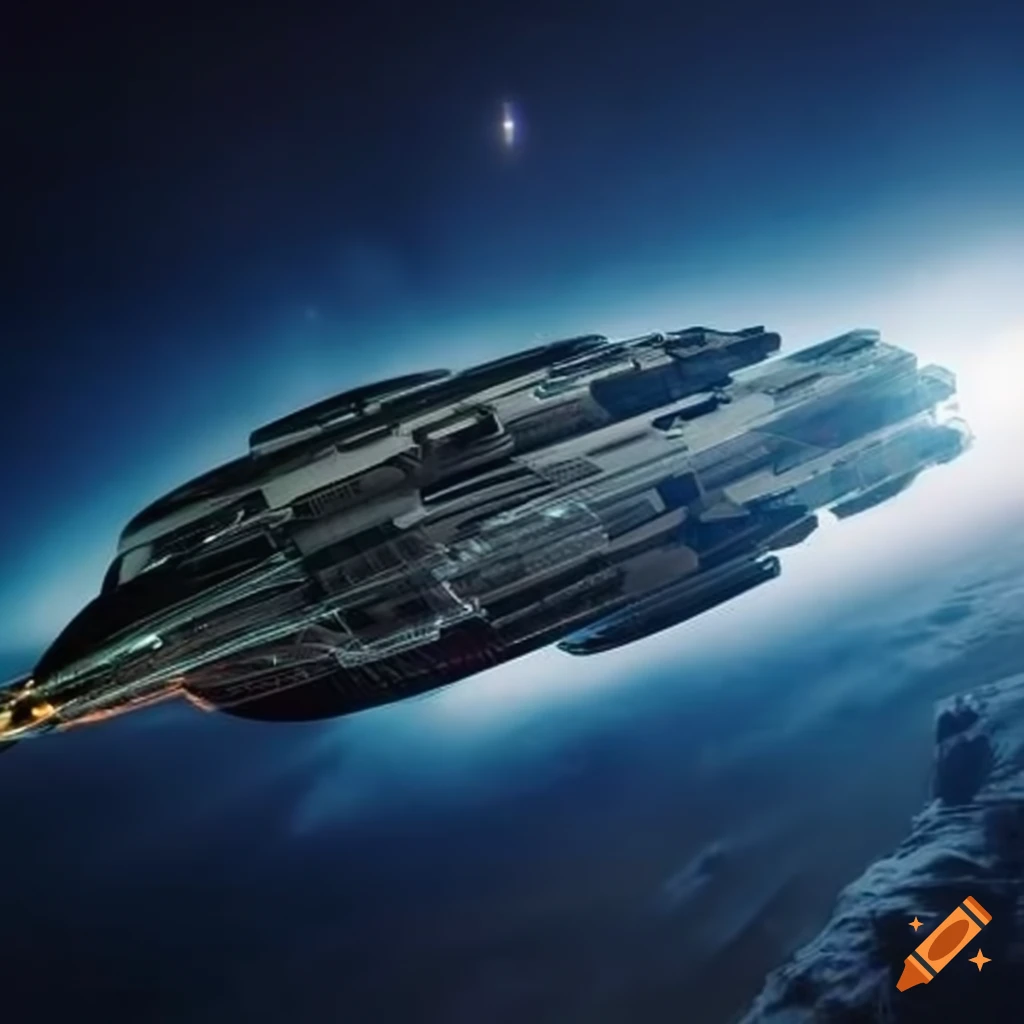 A wide angle photo of a massive futuristic spaceship on Craiyon