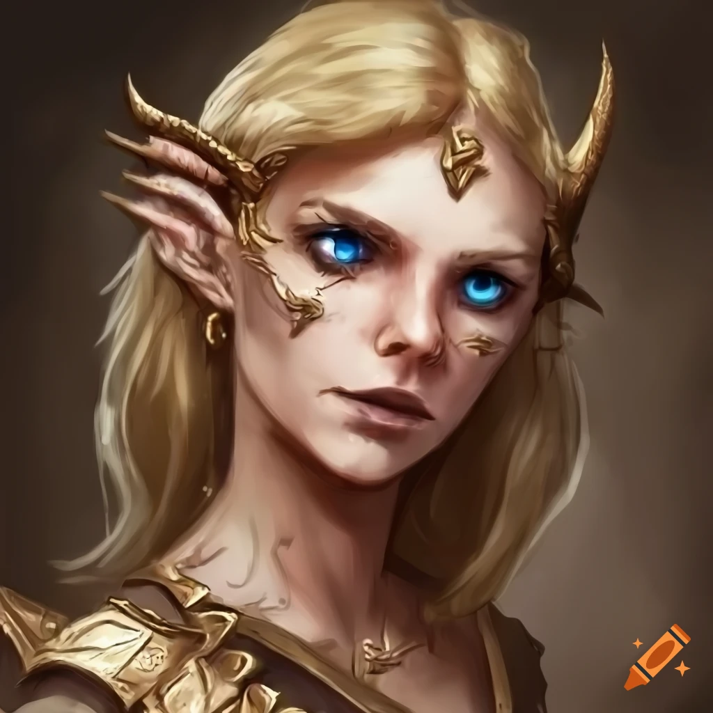 Bronze dragon scales, dragon horns, dirty blonde hair, 1 blue eye, 1 ...