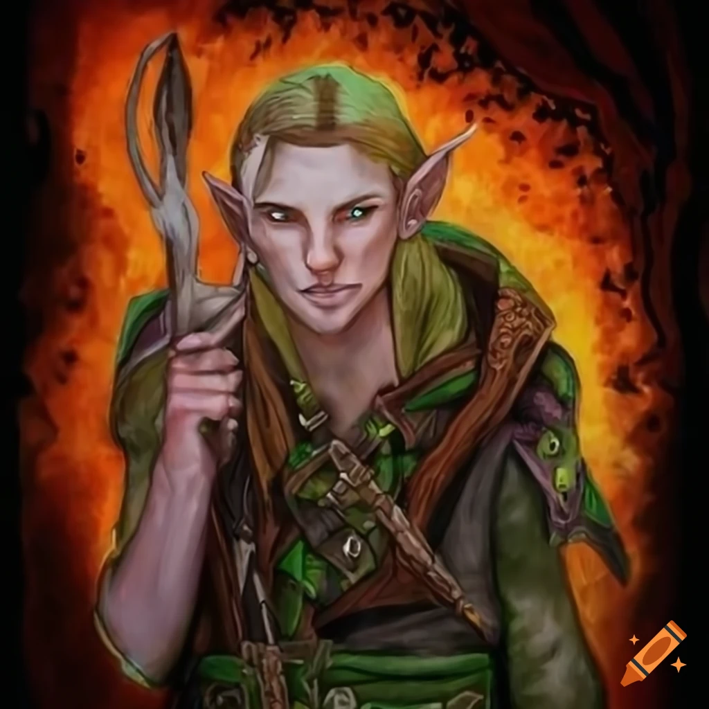 Male Tall Rogue Wood Elf With Fire Aura And Poetic Stance