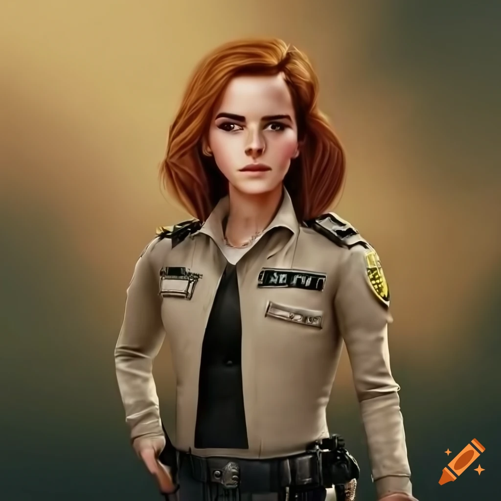 Photorealistic, emma watson as policeofficer, ginger hair, slim, beige ...