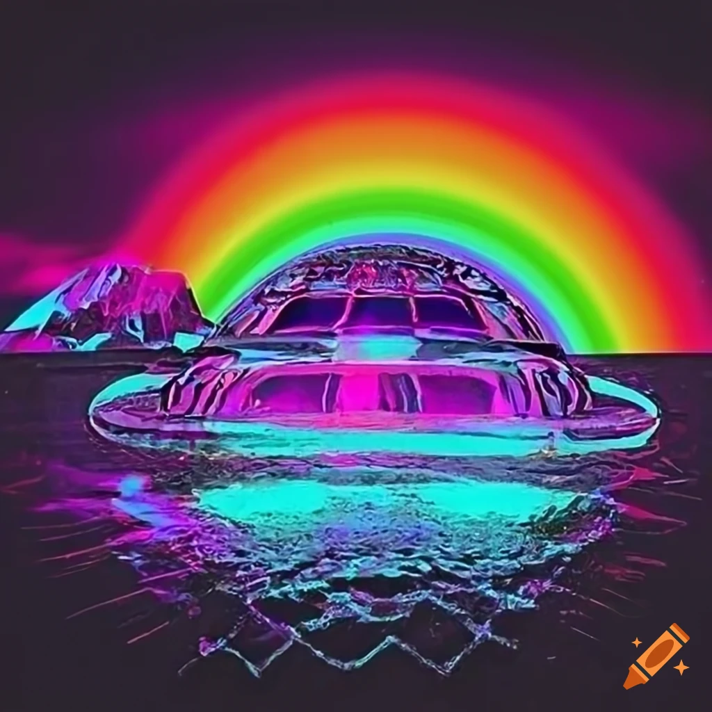 Futuristic gem encrusted UFO with sigil seals, vaporwave rainbow ...