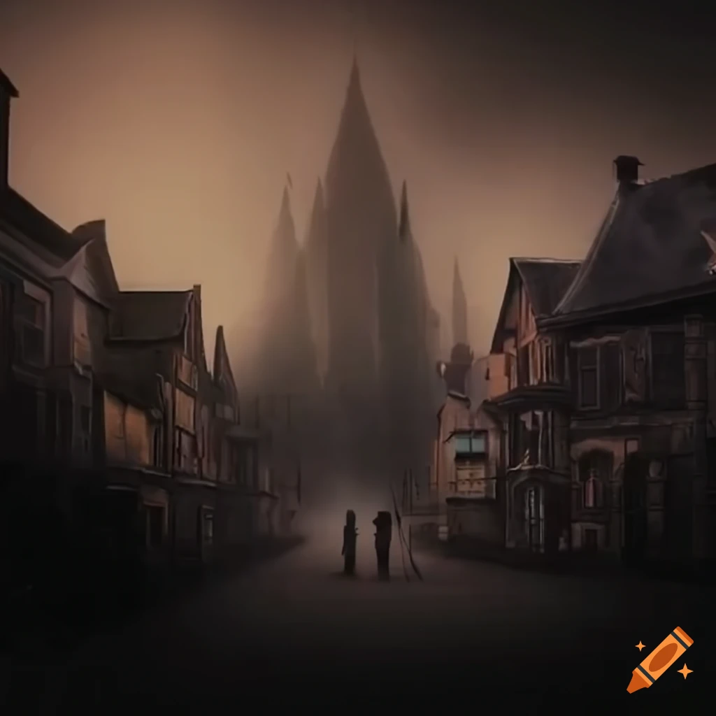 A big creepy town in the style of Tim Burton. The town is serounded by ...