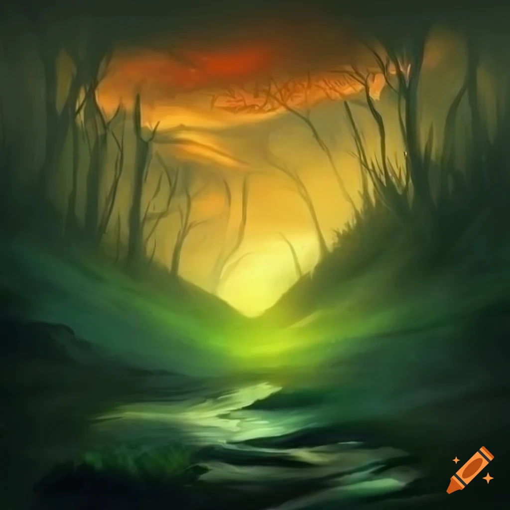 An enchanting wellspring in a an eerie, deserted, mystical landscape ...
