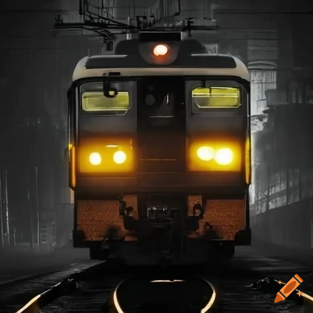 Train in train station black with yellow lights