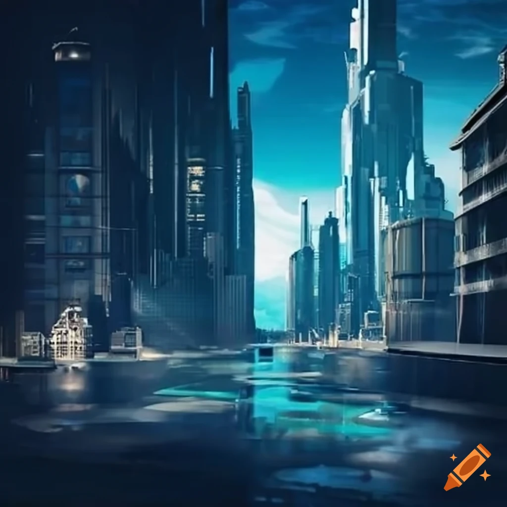 Futuristic cityscape viewed from ground level on Craiyon