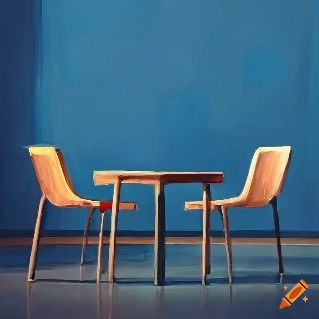 Oil painting of an empty meeting room with office chairs. prominent blue