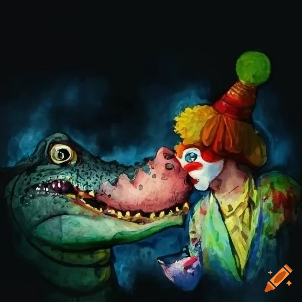 Artistic watercolor of an alligator and a clown investigating. dark ...