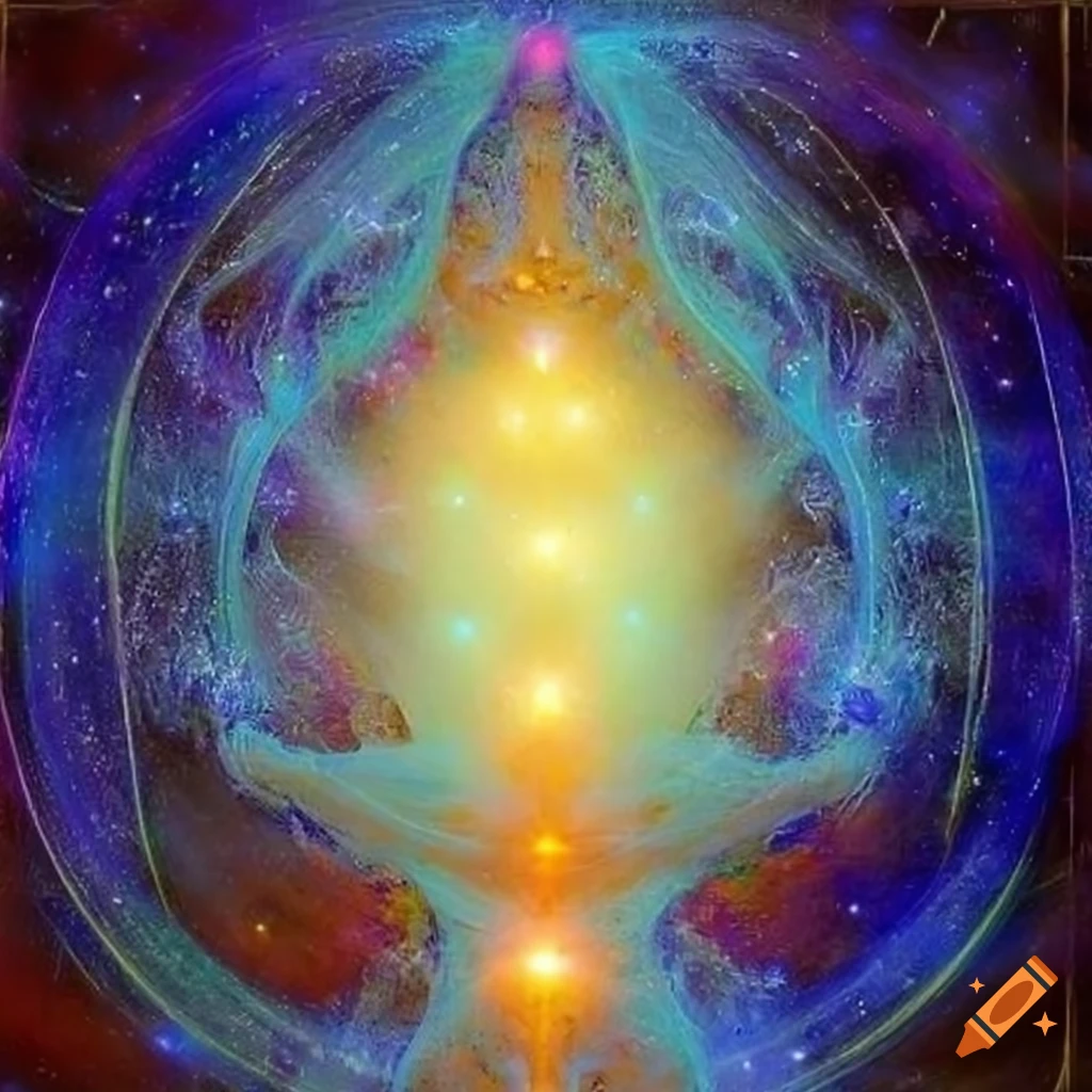 A luminous and almighty golden cosmic entity, shimmering with the ...