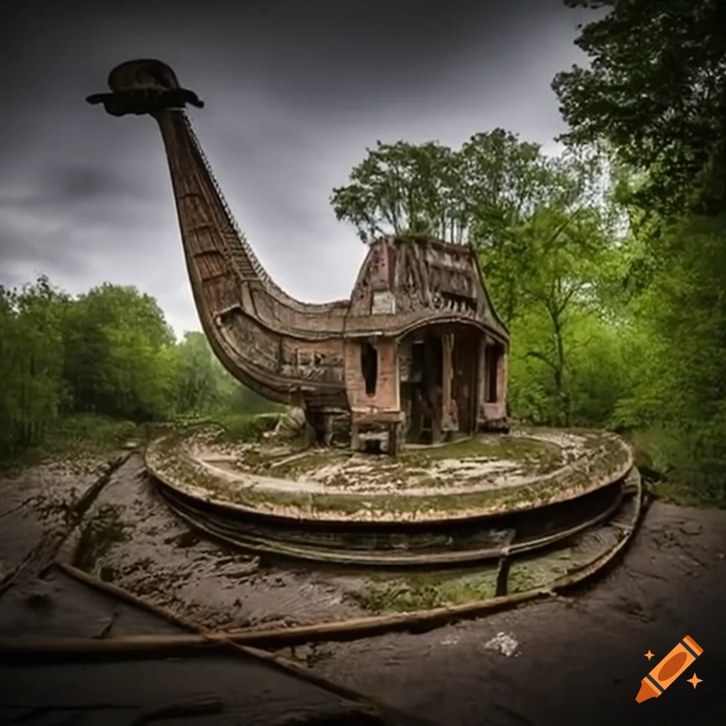 Abandoned theme park rides overtaken by nature on Craiyon