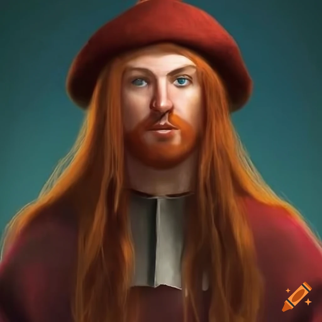 Medieval man with long red hair and a beret on Craiyon