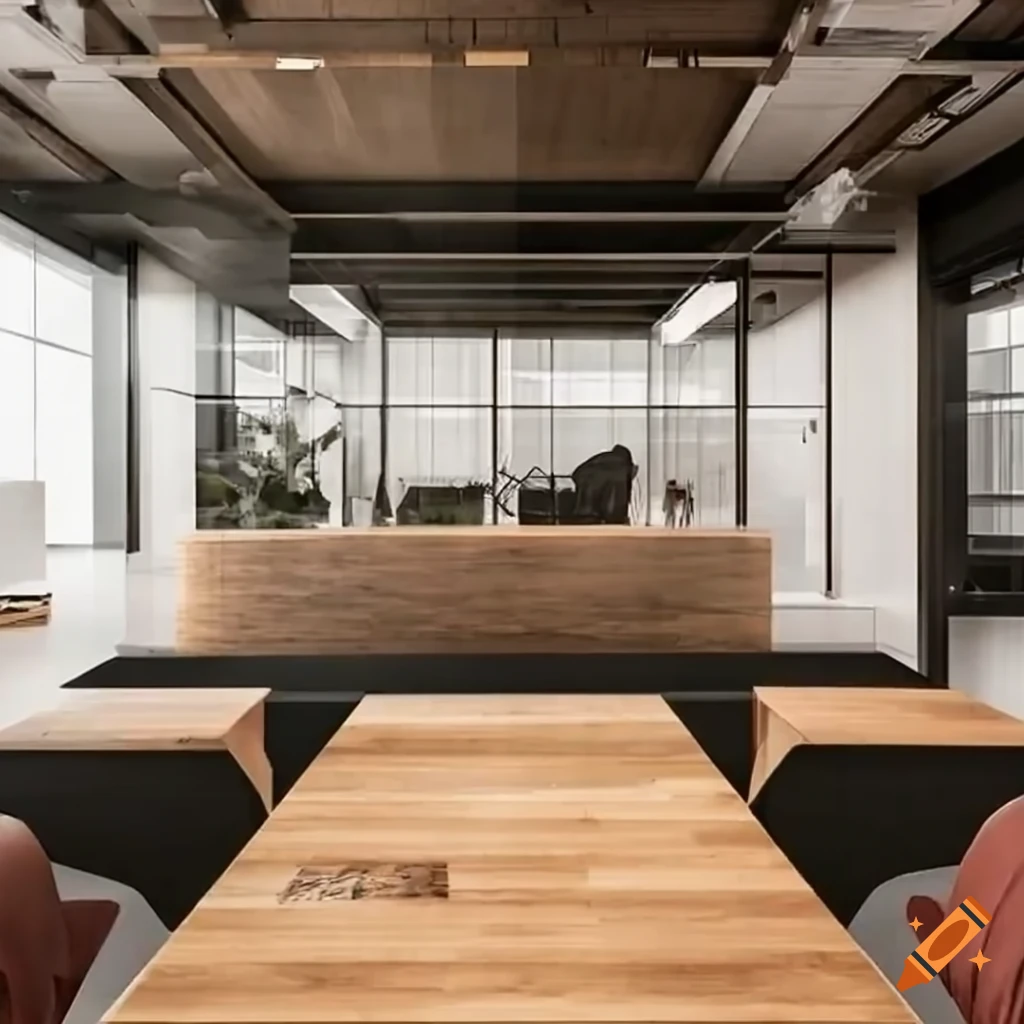 A modern office space with high tables on Craiyon