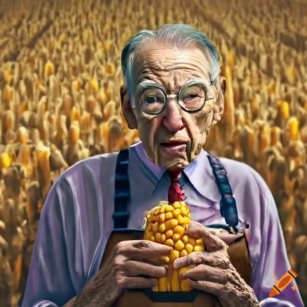 Angry Senator Chuck Grassley wearing overalls eating corn in a ...