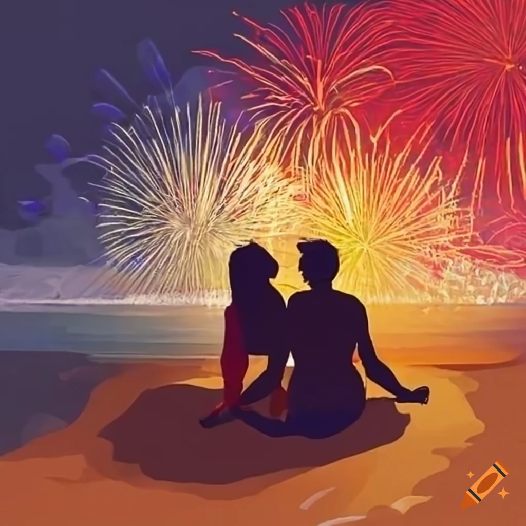 Romantic beach scene with silhouette couple kissing under fireworks ...