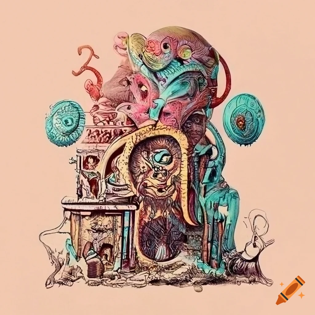 Joe fenton drawing scene decor microcosme many creatures surrealist ...