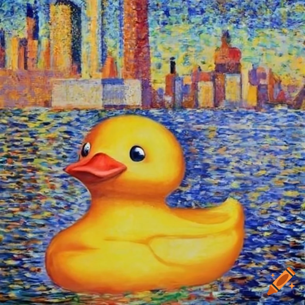 George seurat inspired painting of giant yellow toy duck in new york city