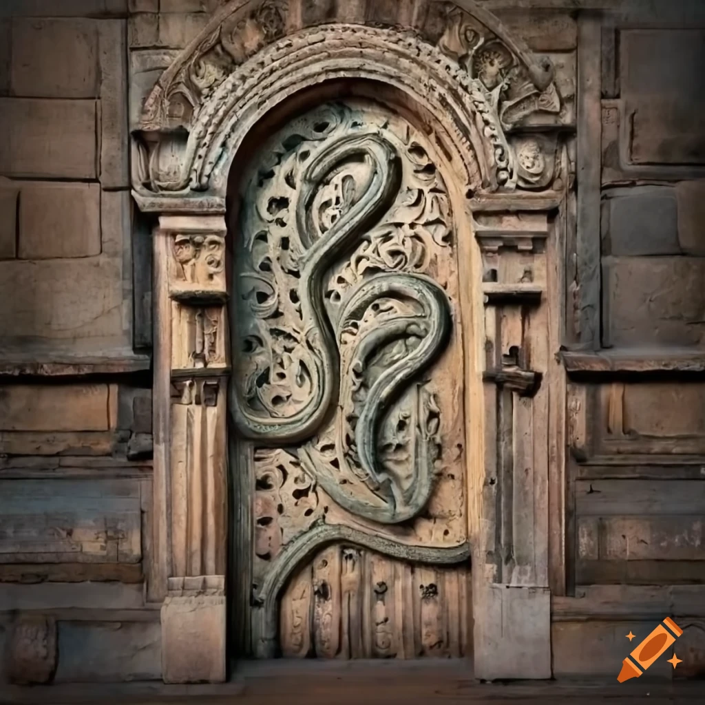 Old intricately made stone gate doors full of snakes reliefs on Craiyon