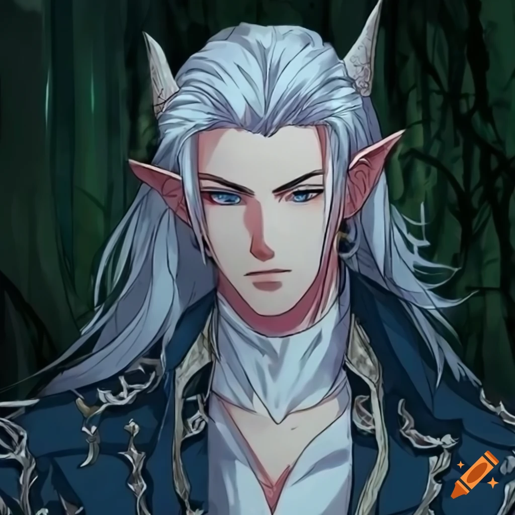 Manhwa style, elf male, white silver hair, gold speckled blue eyes, pale skin, dressed as a mage ...