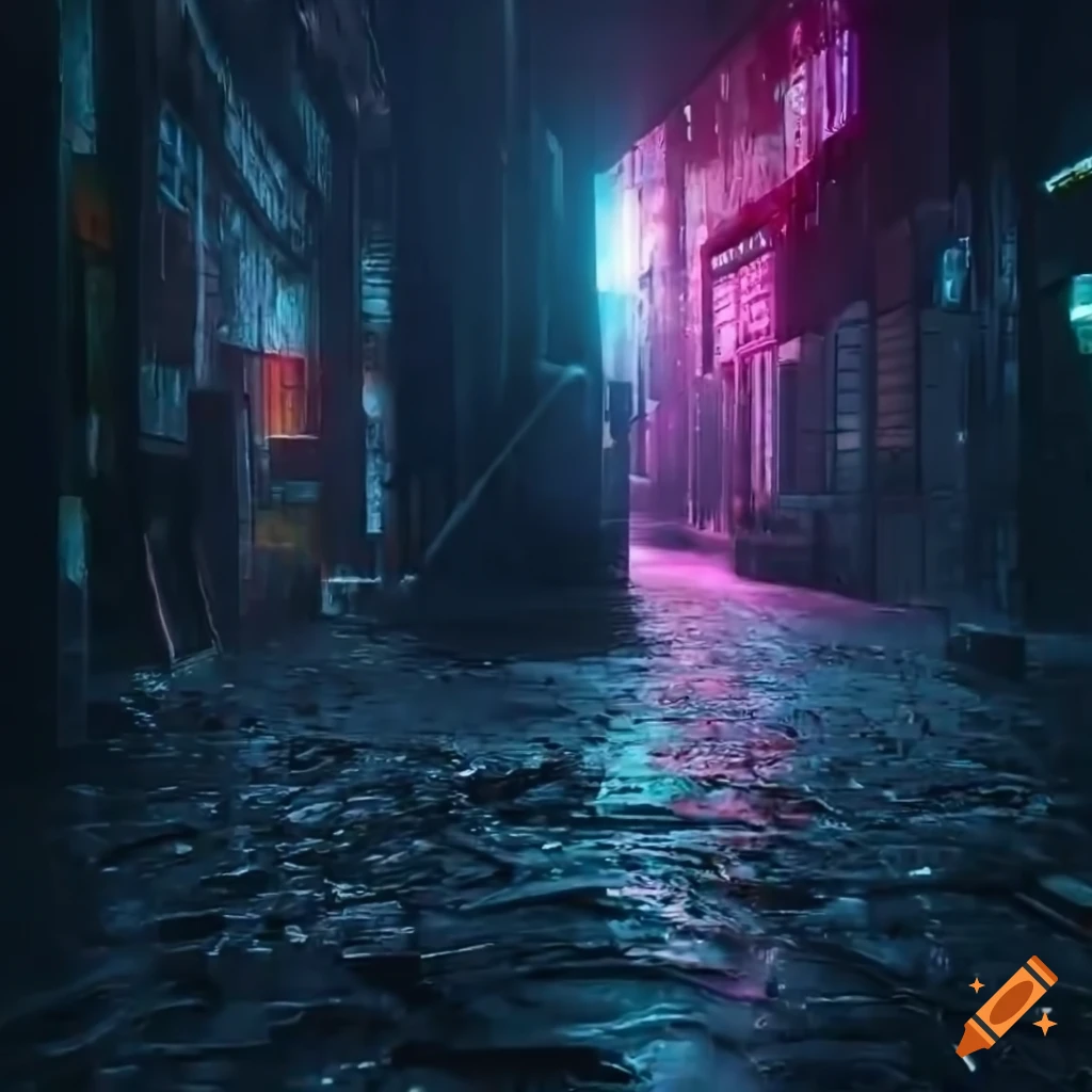 Narrow claustrophobic, dirty cyberpunk back alley. darkness. neons. rain. photorealistic ...