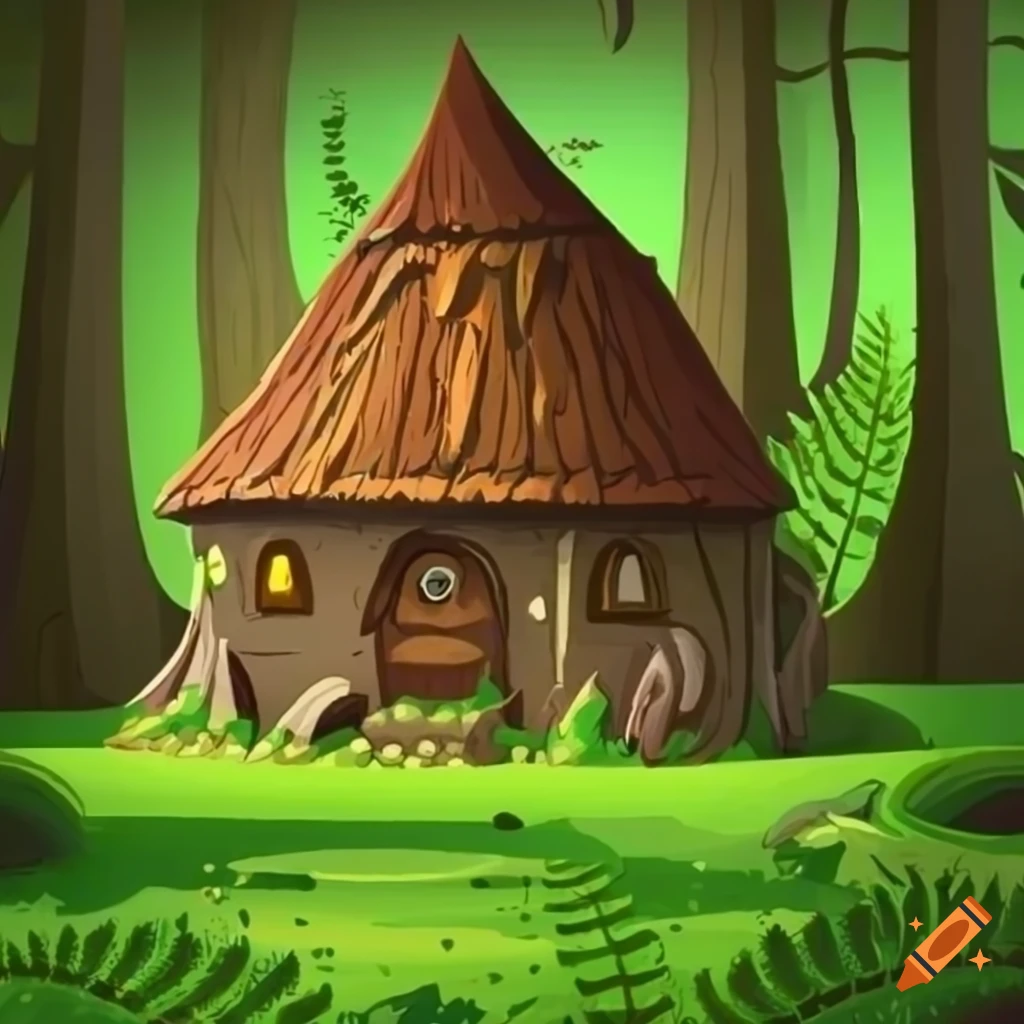 Cartoon image dwarf house made of fern and moss bark roof in the forest