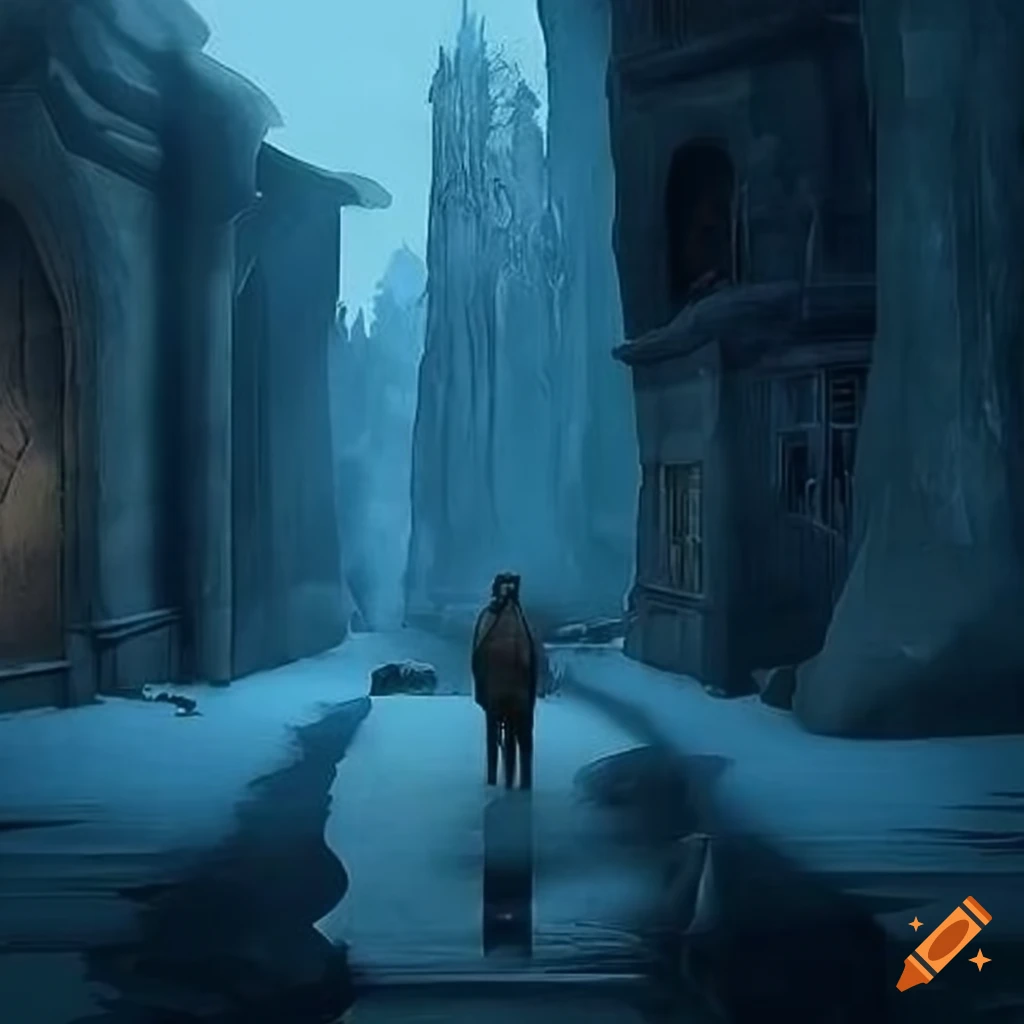 Fantasy, city in an icy underground setting, frozen interior, ice floor ...