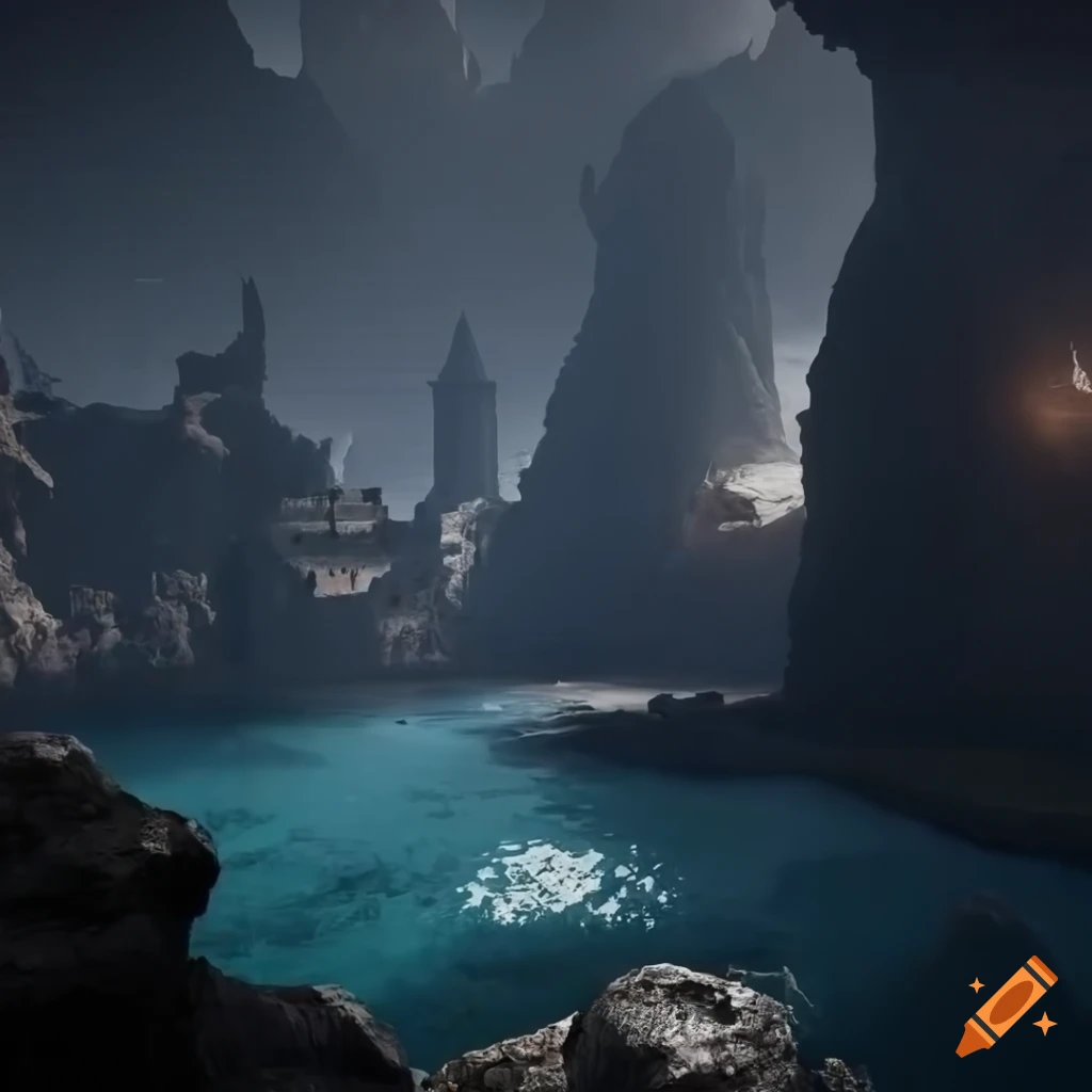 Unreal engine 5 aerial view of great cave with subterranean city island ...